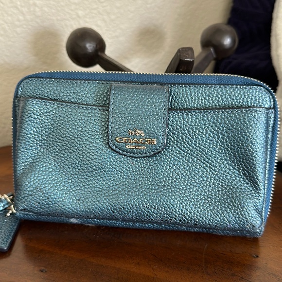 Coach | Bags | Coach Mini Wristletwallet Metallic Blue | Poshmark